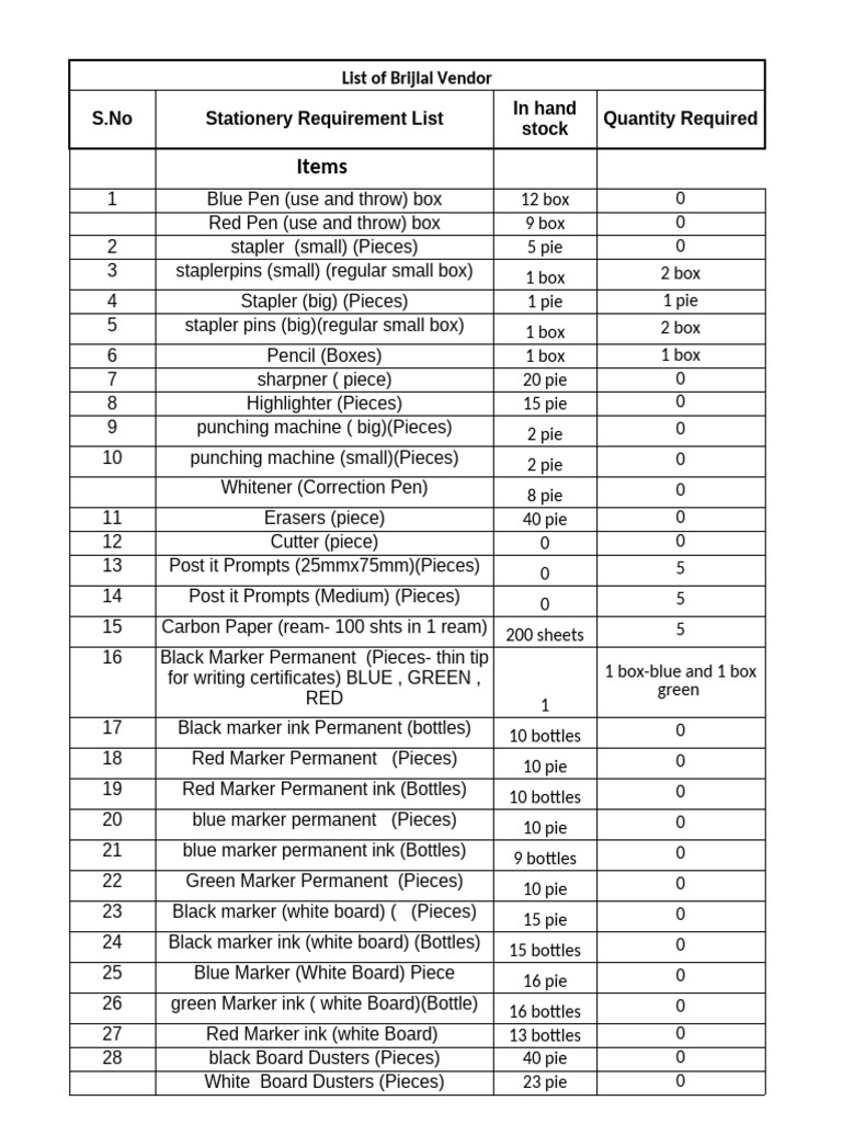 Comprehensive Vendor Stationery List | PDF | Envelope | Stationery