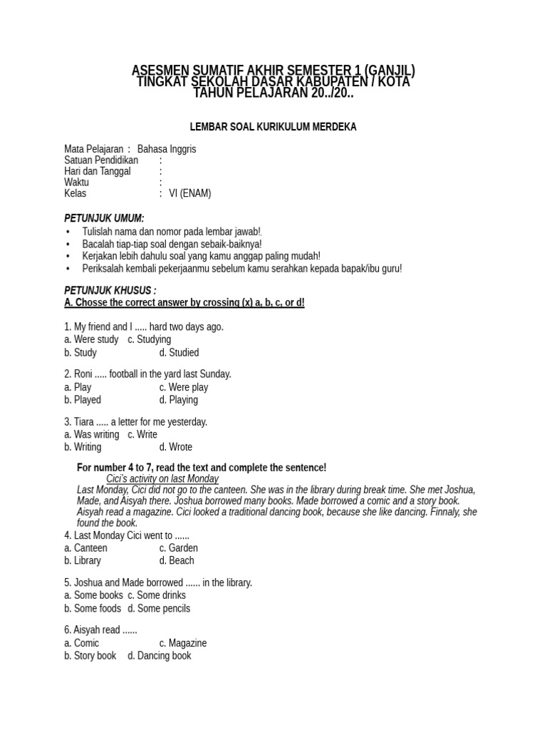 SAS 1 Kelas VI - Bhs - Inggris | PDF