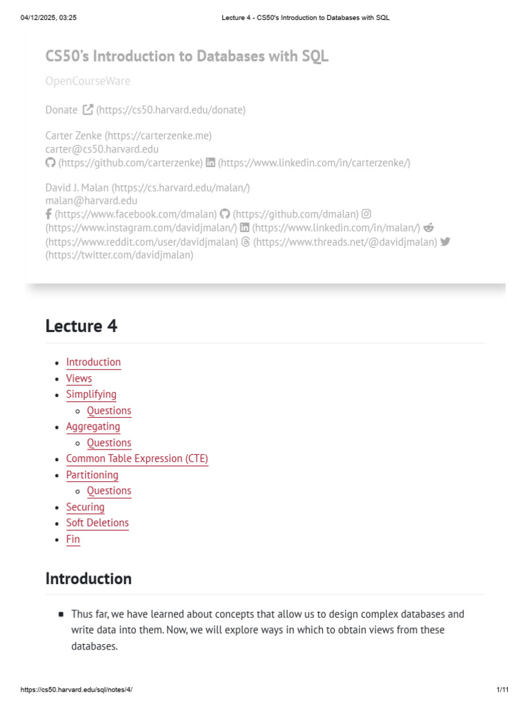Lecture 4 - CS50's Introduction to Databases With SQL | PDF | Table ...