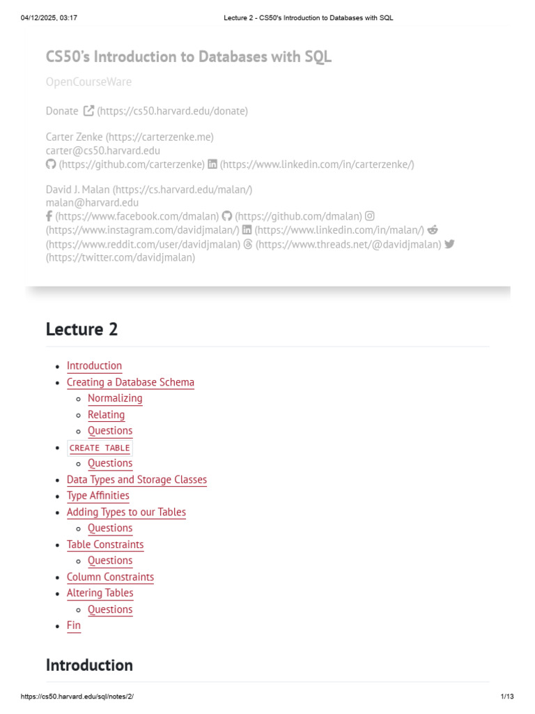 Lecture 2 - CS50's Introduction to Databases With SQL | PDF | Table ...