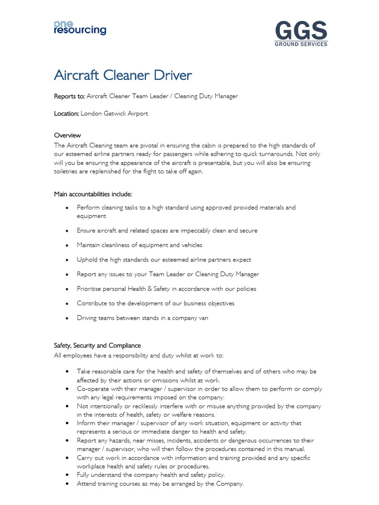 Aircraft Cleaner Driver Role at Gatwick | PDF | Occupational Safety And ...