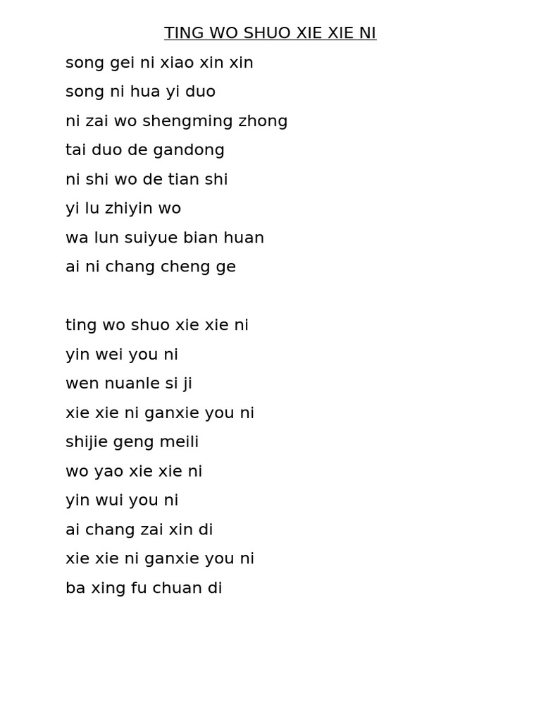 Lirik Lagu Mandarin Ting Wo Shuo Xie Xie Ni | PDF