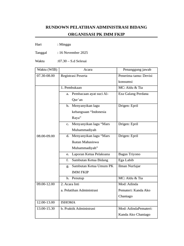 RUNDOWN & TEKS MC PELATIHAN ADMINISTRASI BIDOR IMM | PDF