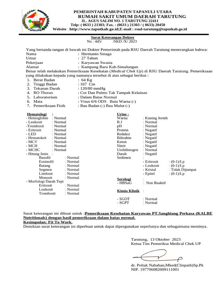 Surat Keterangan Kesehatan Hermanto Sinaga | PDF