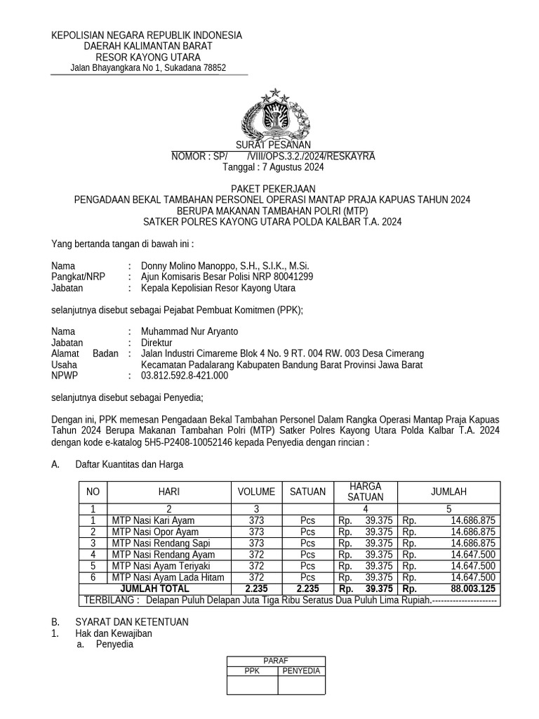6. SURAT PESANAN MTP OPERASI 2024 | PDF