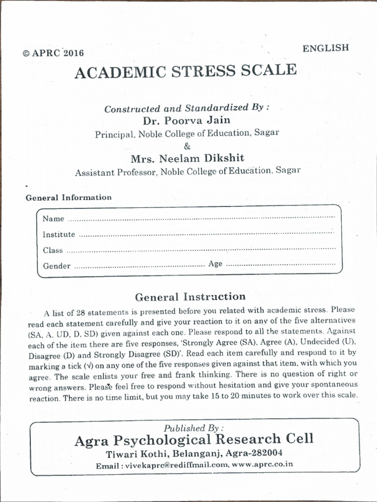 Academic Stress Scale and Scoring | PDF
