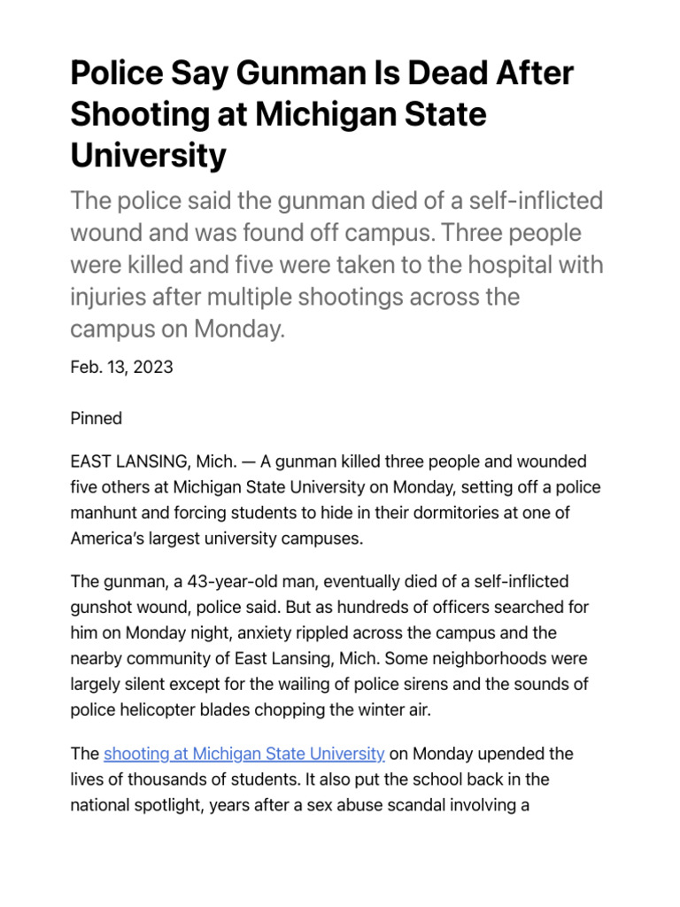 Police Say Gunman Is Dead After Shooting at Michigan State University ...