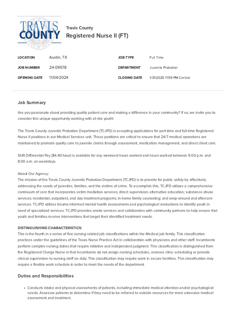 Job Bulletin RN Travis County | PDF | Nursing | Health Care