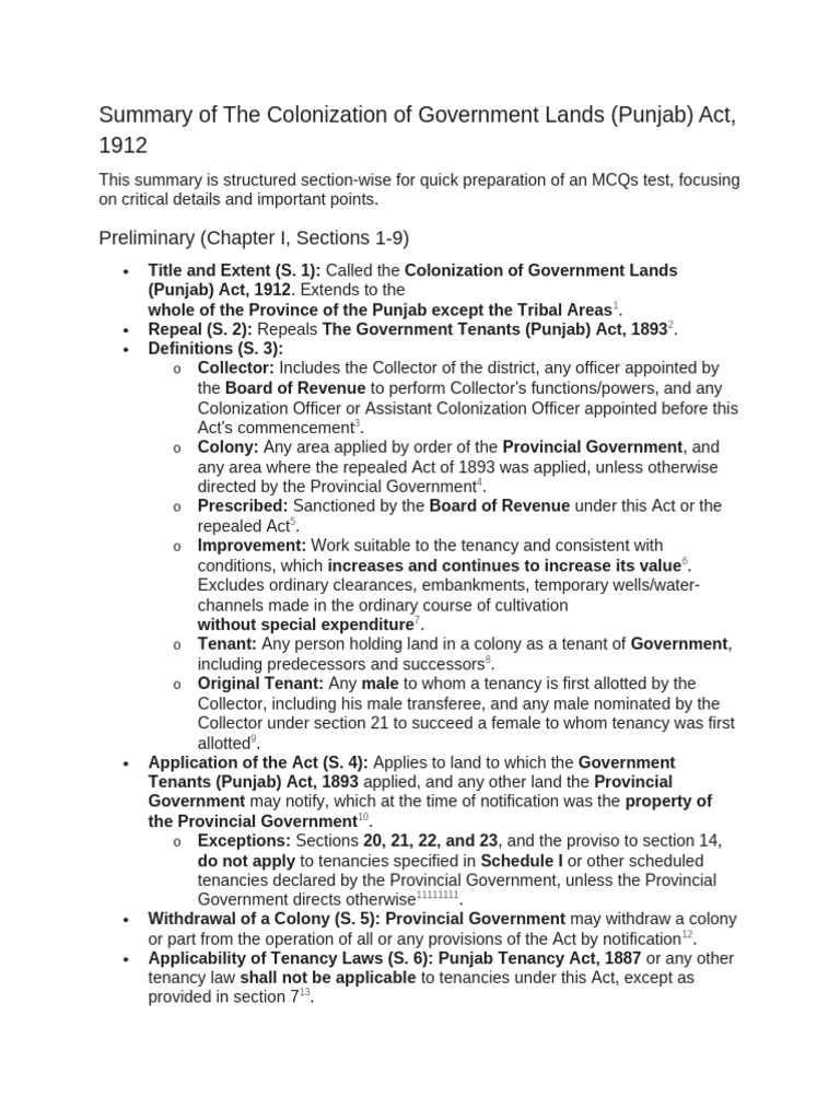 Summary of Punjab Land Act 1912 | PDF | Leasehold Estate | Lease