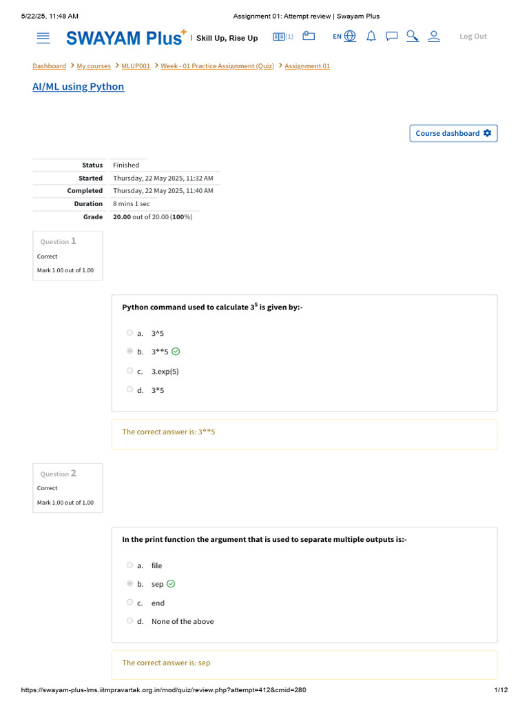 Assignment 01 - Attempt Review - Swayam Plus | PDF | Integer (Computer ...