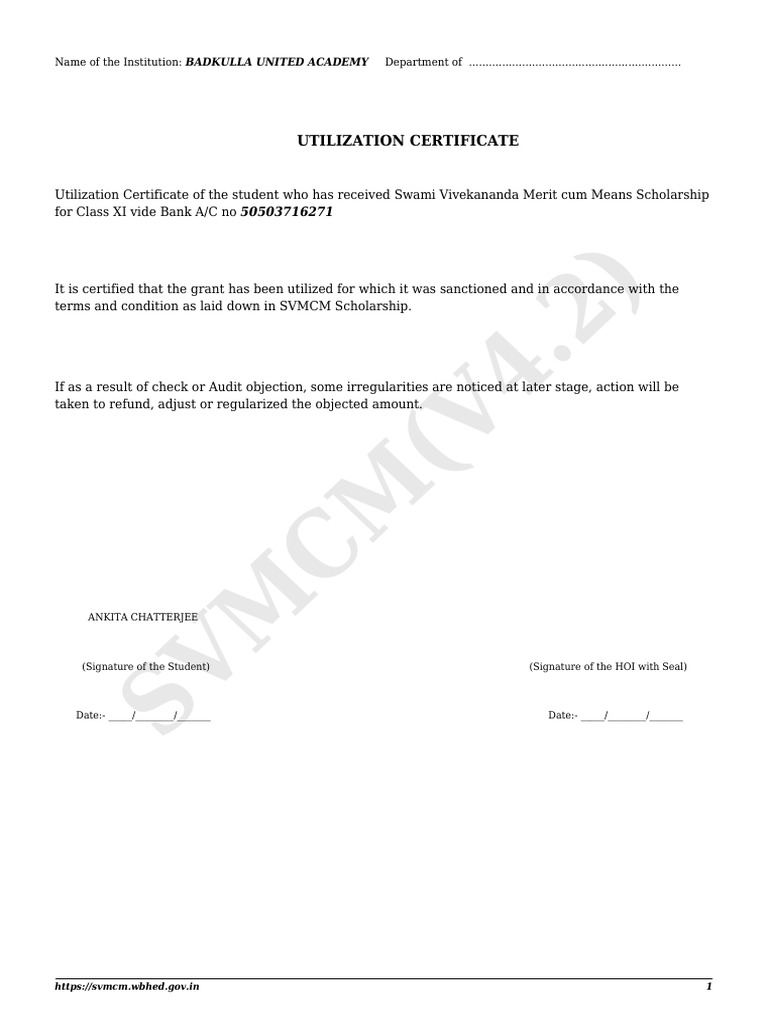 SVMCM Scholarship Utilization Certificate | PDF