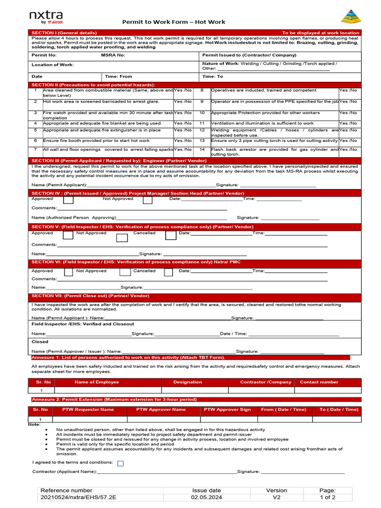PTW Form Hot Works Nxtra V2 O | PDF | Workplace | Safety