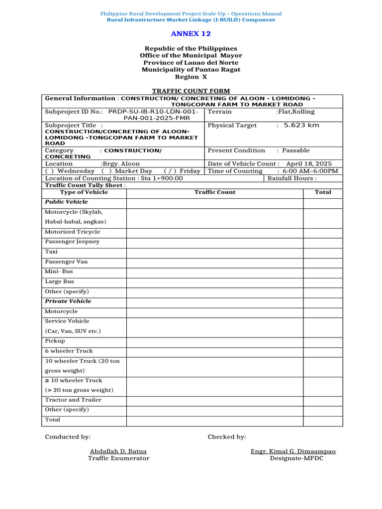 Annex 12 PRDP SU Traffic Count Form and Instruction | PDF | Transport ...