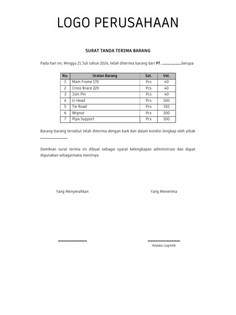 Surat Tanda Terima Barang 21 Juli 2024 | PDF