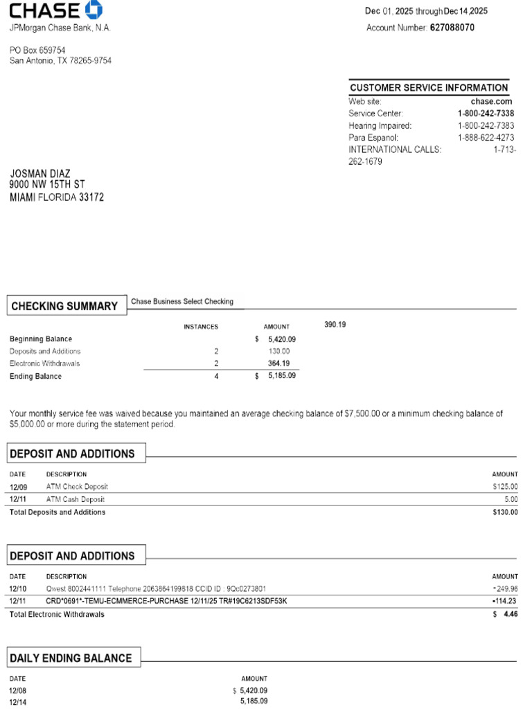 Chase Bank Statement | PDF