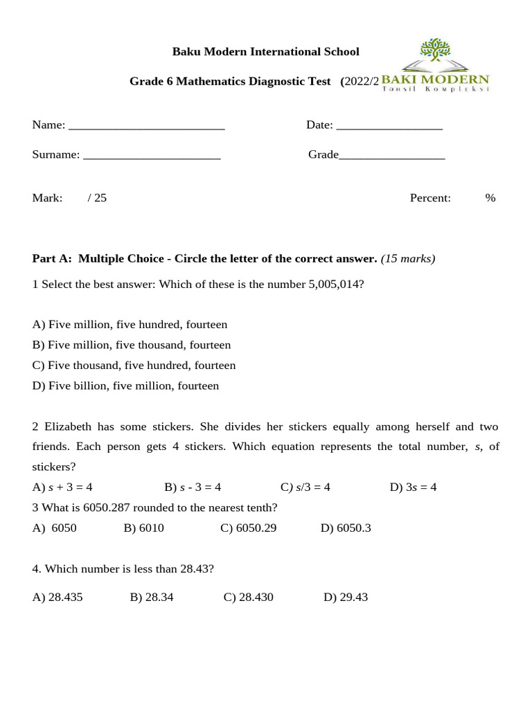 Diagnostic Grade 6 | PDF | Rectangle | Elementary Geometry