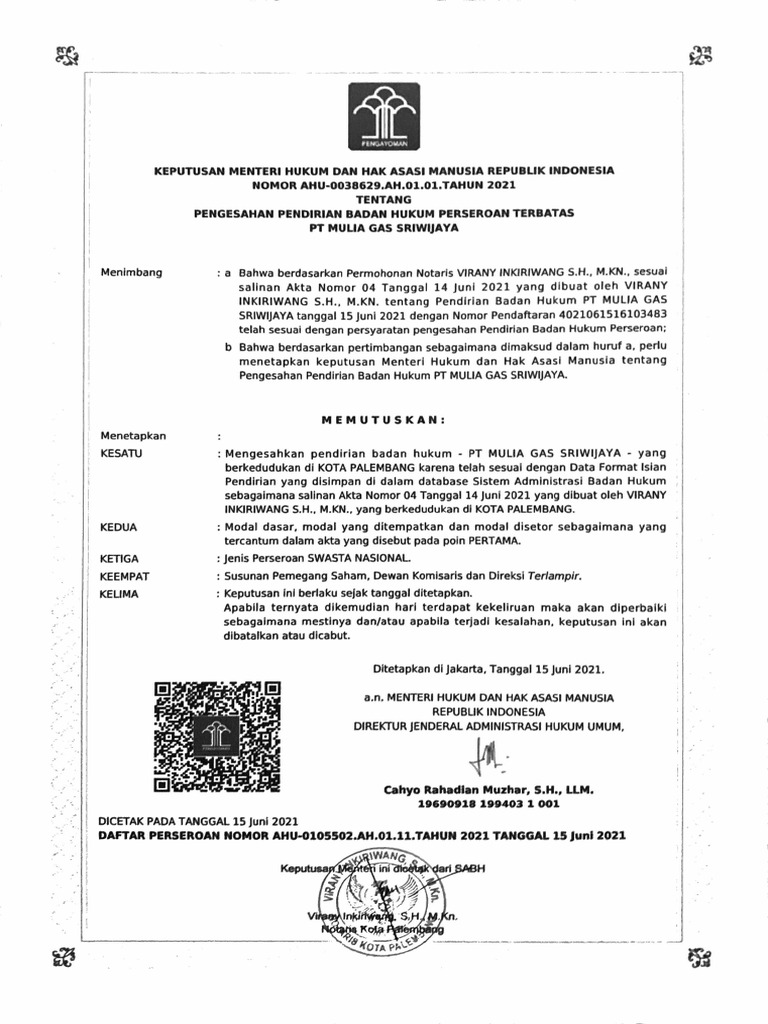 SK Kemenkumham Akta Pendirian - PT MGS | PDF
