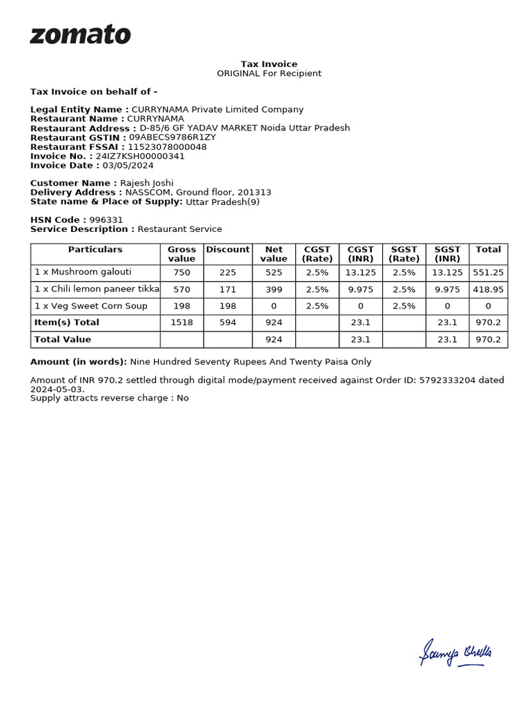 CURRYNAMA Zomato Bill | PDF | Invoice | Payments