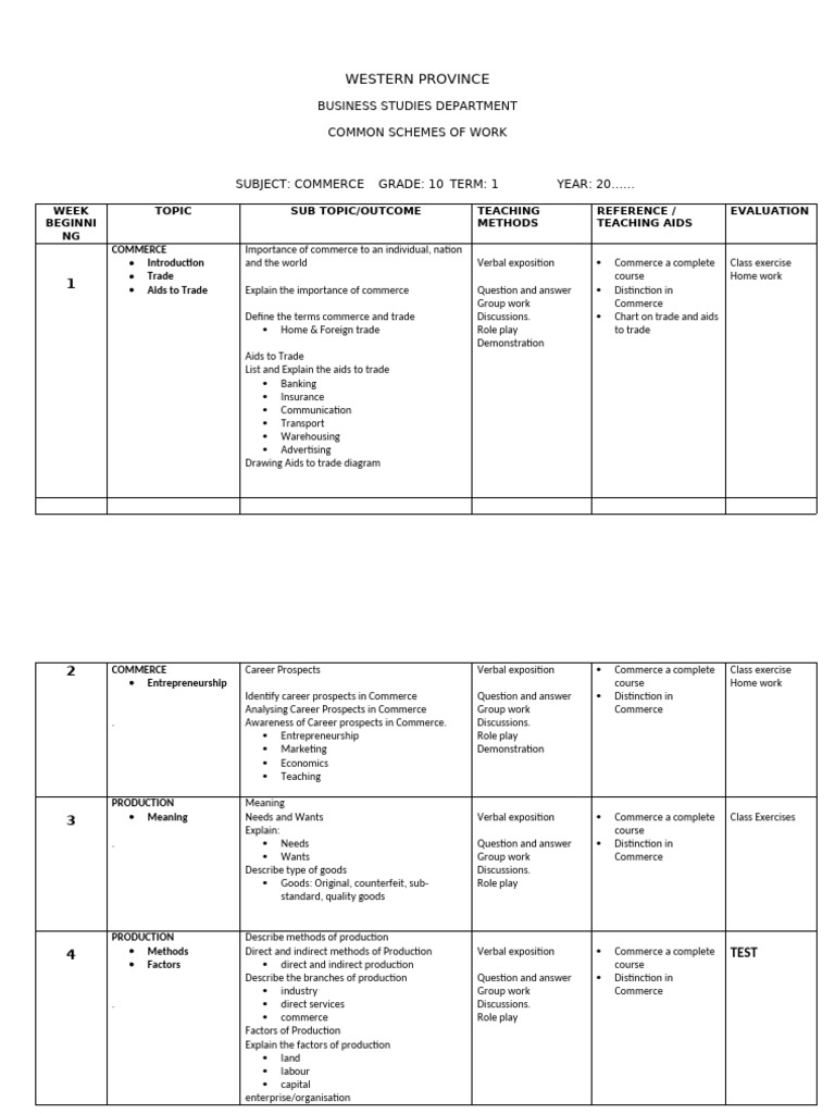 Grade 10 Commerce Common Scheme Term 1 | PDF | Commerce | Division Of ...