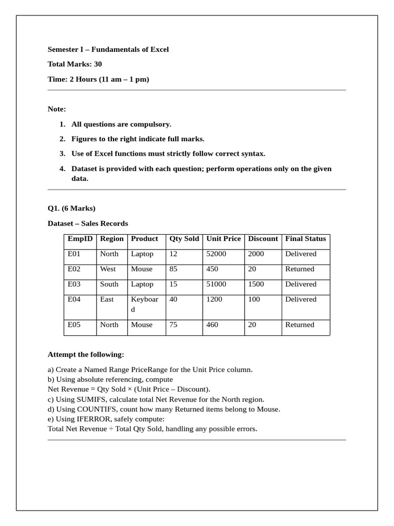 Excel Fundamentals Semester I Exam Guide | PDF | Computer Engineering ...