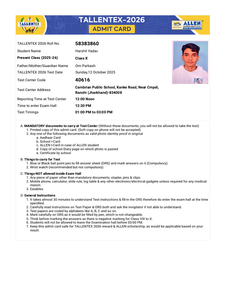 TALLENTEX 2026 Exam Details for Students | PDF