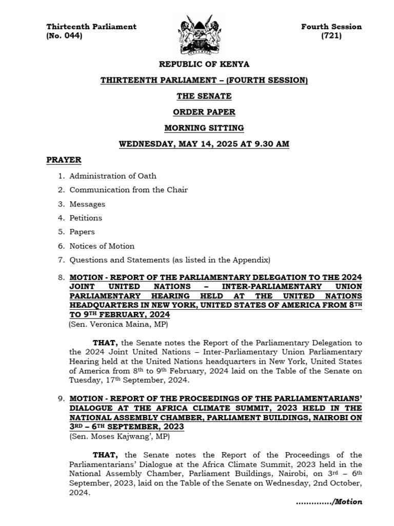Kenya Senate Order Paper - May 14, 2025 | PDF | Kenya | Cooperative