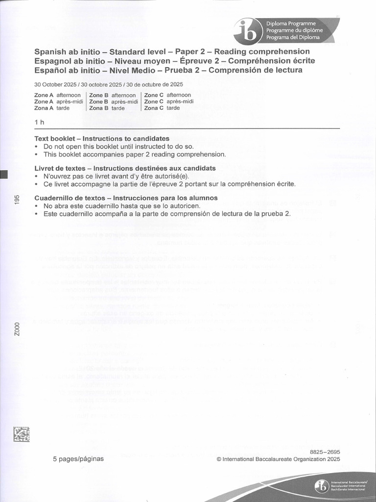 Spanish Ab Initio Paper 2 Reading Textos Nov 2025 | PDF