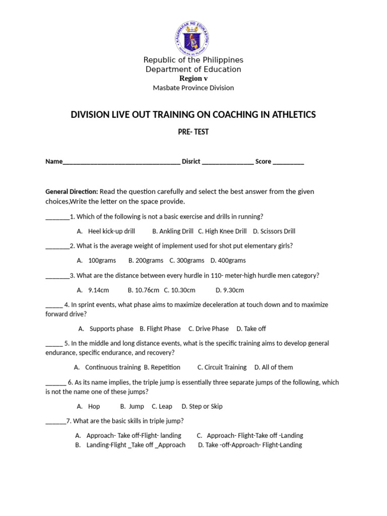 Athletics Coaching Pre-Post Test Guide | PDF | Track And Field | Games ...