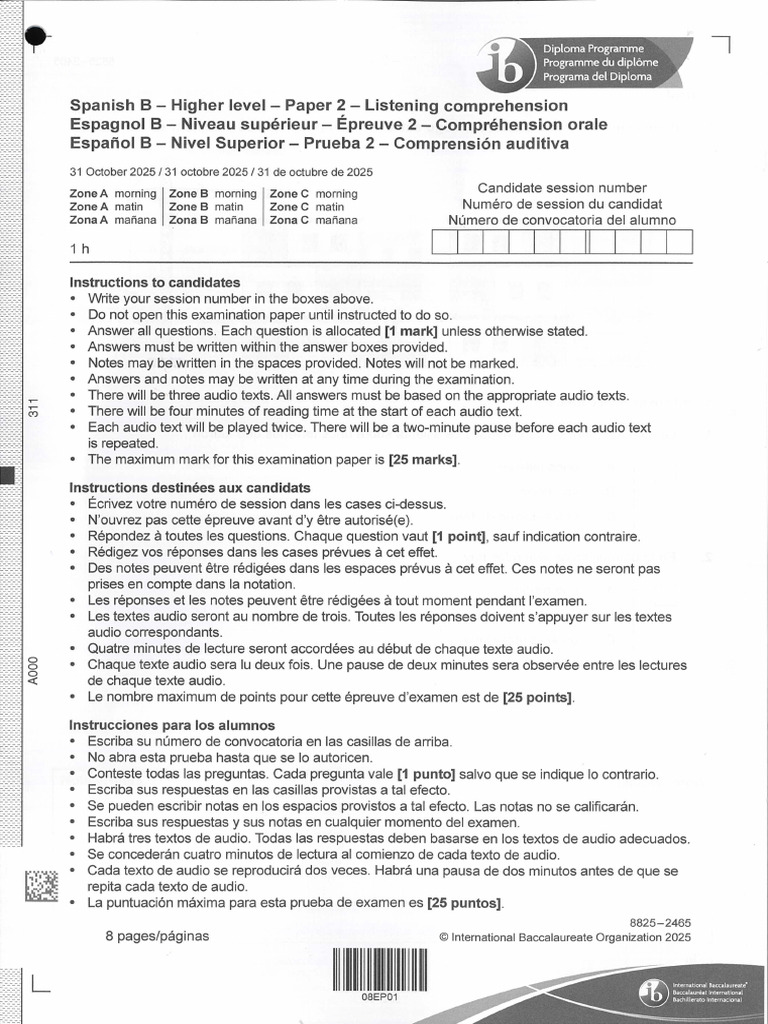 Spanish HL Paper 2 Listening Nov 2025 | PDF