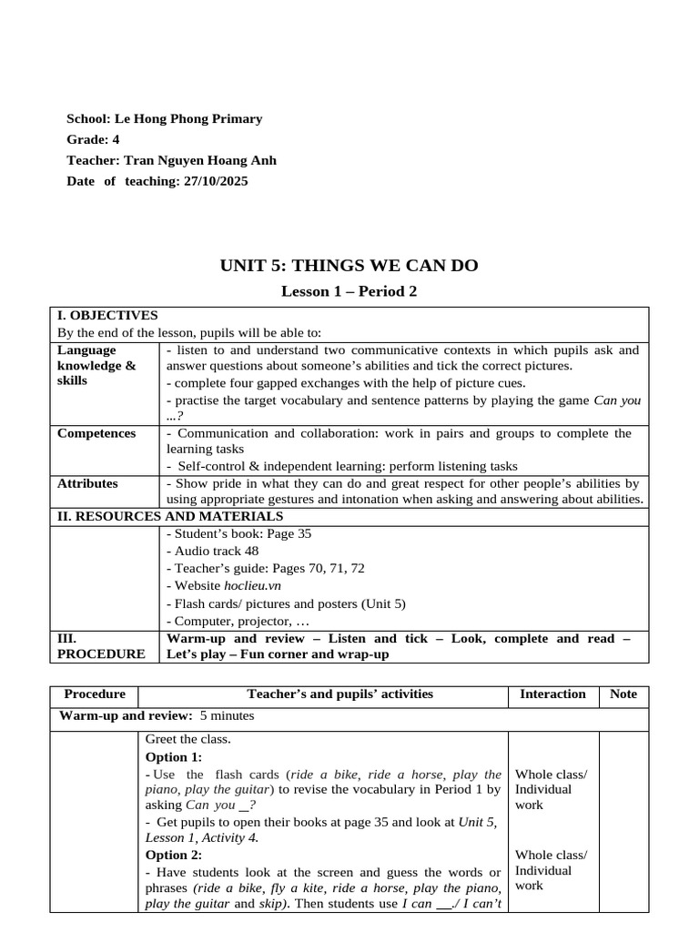 Khbd Lớp 4a,4b,4c,4d Tuần 08 | PDF | Question | Teachers