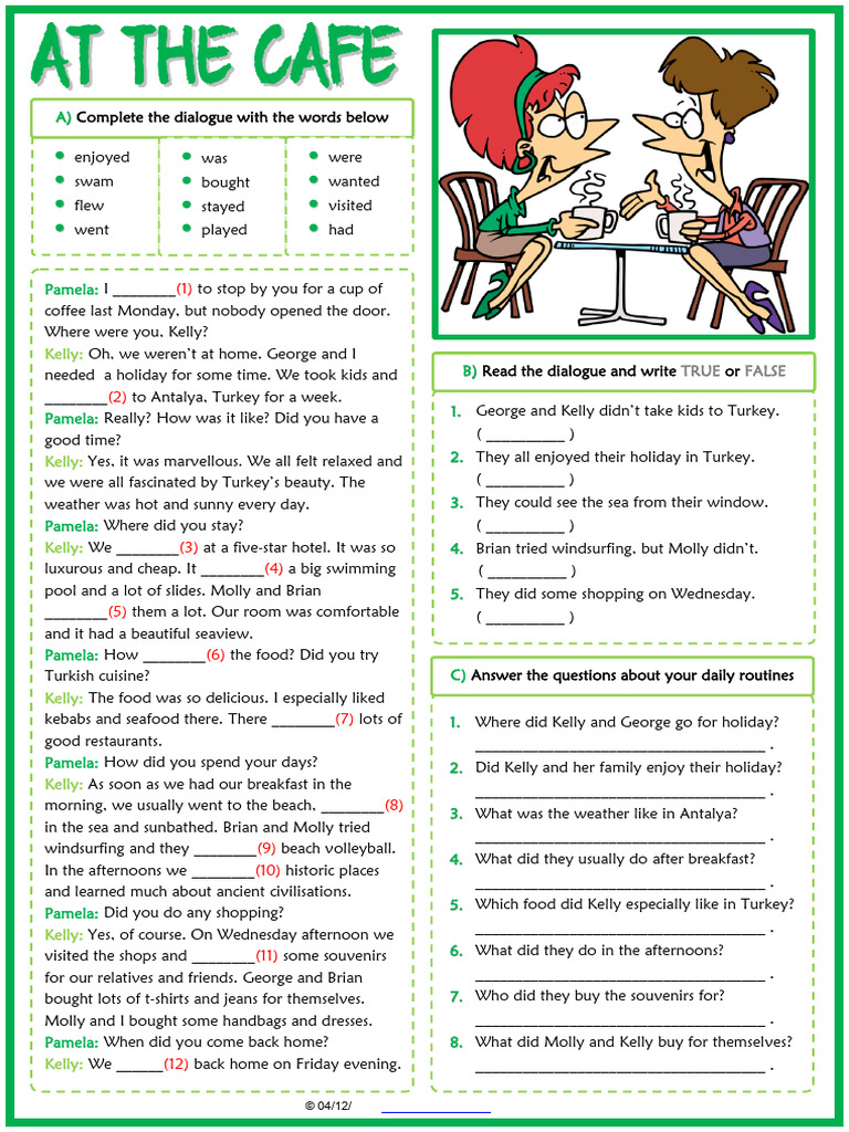 Past Simple Esl Dialogue at the Cafe Exercises Worksheet | PDF