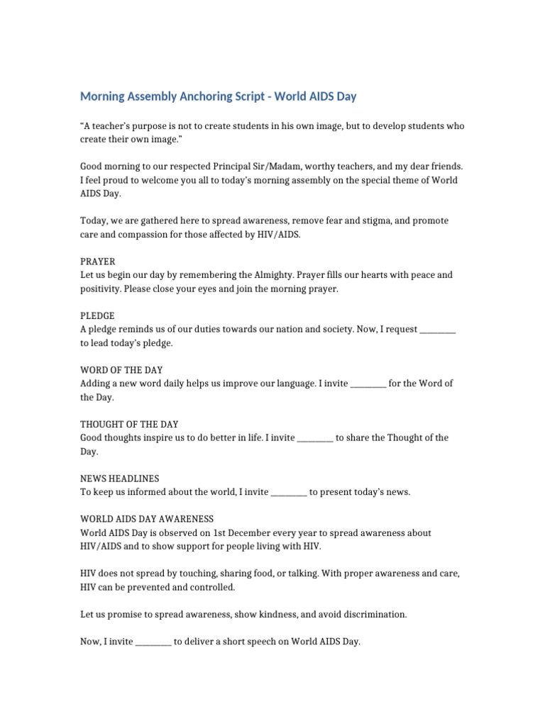 World AIDS Day Assembly Script | PDF