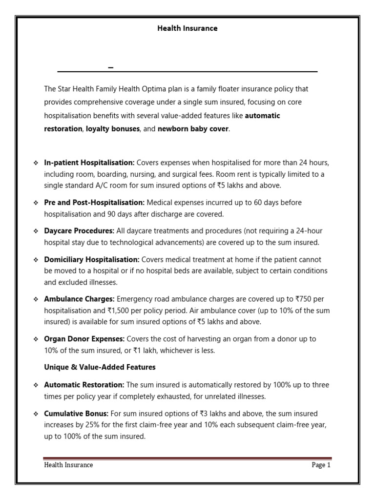 Star Health - Family Health Optima Plan Important Features | PDF ...