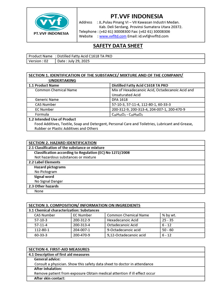 Distilled Fatty Acid C1618 Safety Data Sheet | PDF | Water | Firefighting