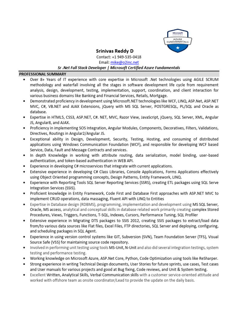 Sr .NET Full Stack Developer Resume | PDF | Language Integrated Query ...