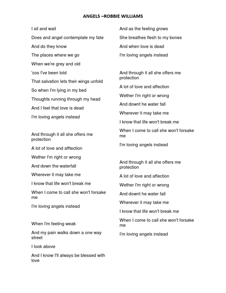 Angels Lyrics By Robbie Williams Pdf