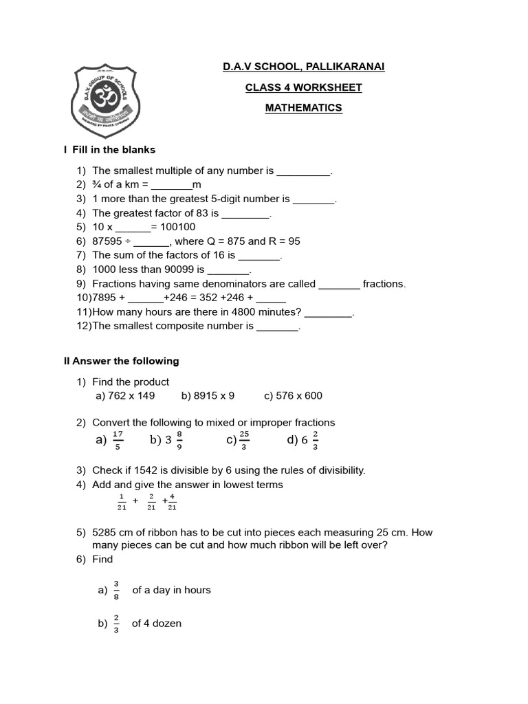 Class 4 Maths Revision Worksheet 2 | PDF | Division (Mathematics) | Numbers