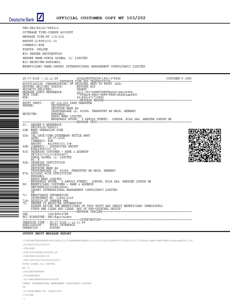 MT 103/202 SWIFT Transfer Details | PDF | Banking | Banking Technology
