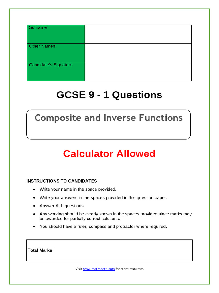 GCSE Composite and Inverse Functions Exam | PDF | Mathematics | Applied ...