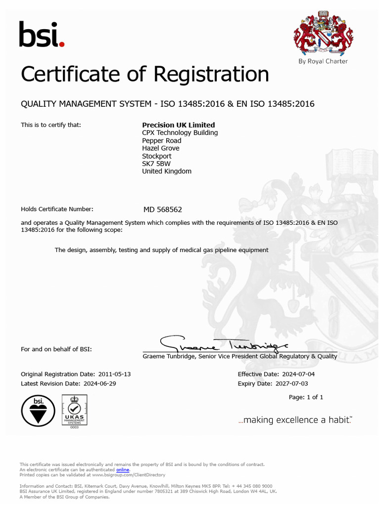 ISO 13485:2016 Certification for Precision UK | PDF