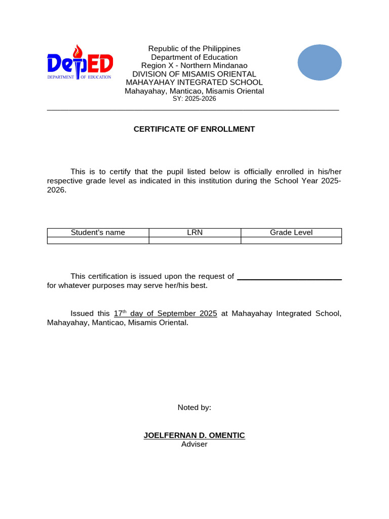 Certificate of Enrollment 2025-2026 | PDF