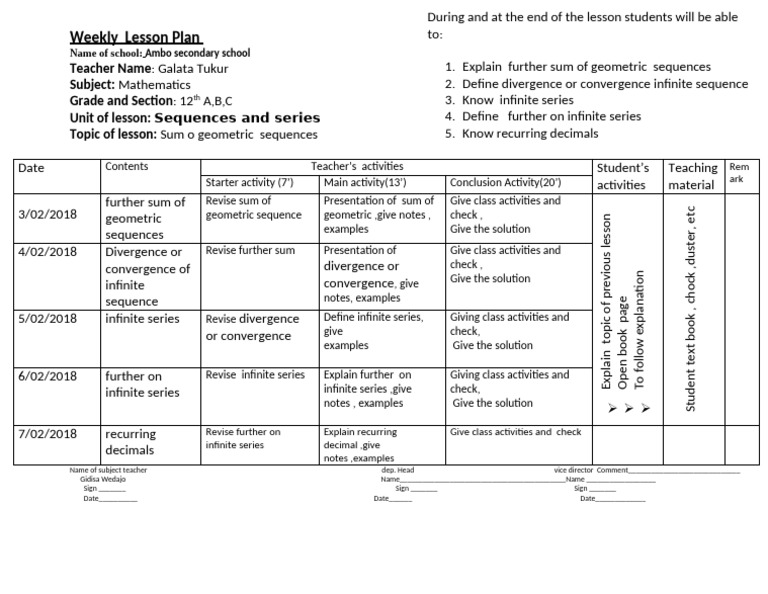 Weekly Lesson Plan 2018 Ambo 3 | PDF | Series (Mathematics) | Sequence