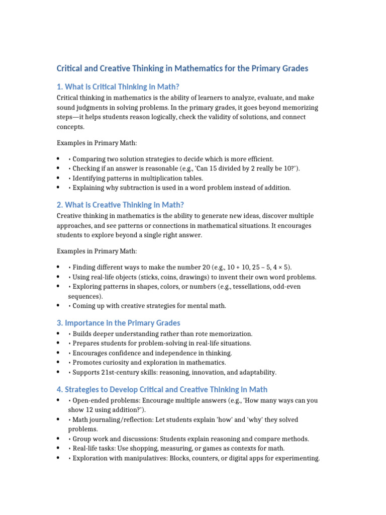 Enhancing Math Skills: Critical & Creative Thinking | PDF | Creativity ...