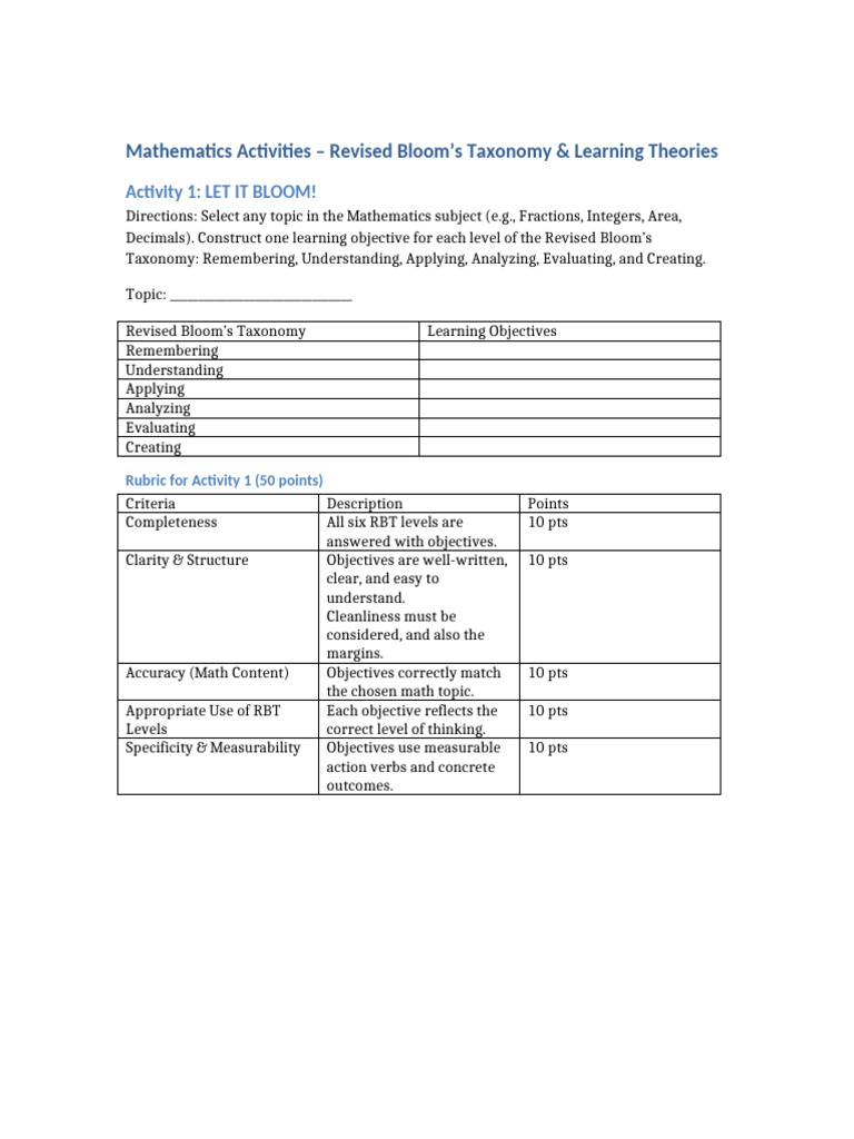 Math Activities Blooms and Theories-1 | PDF | Theory | Mathematics