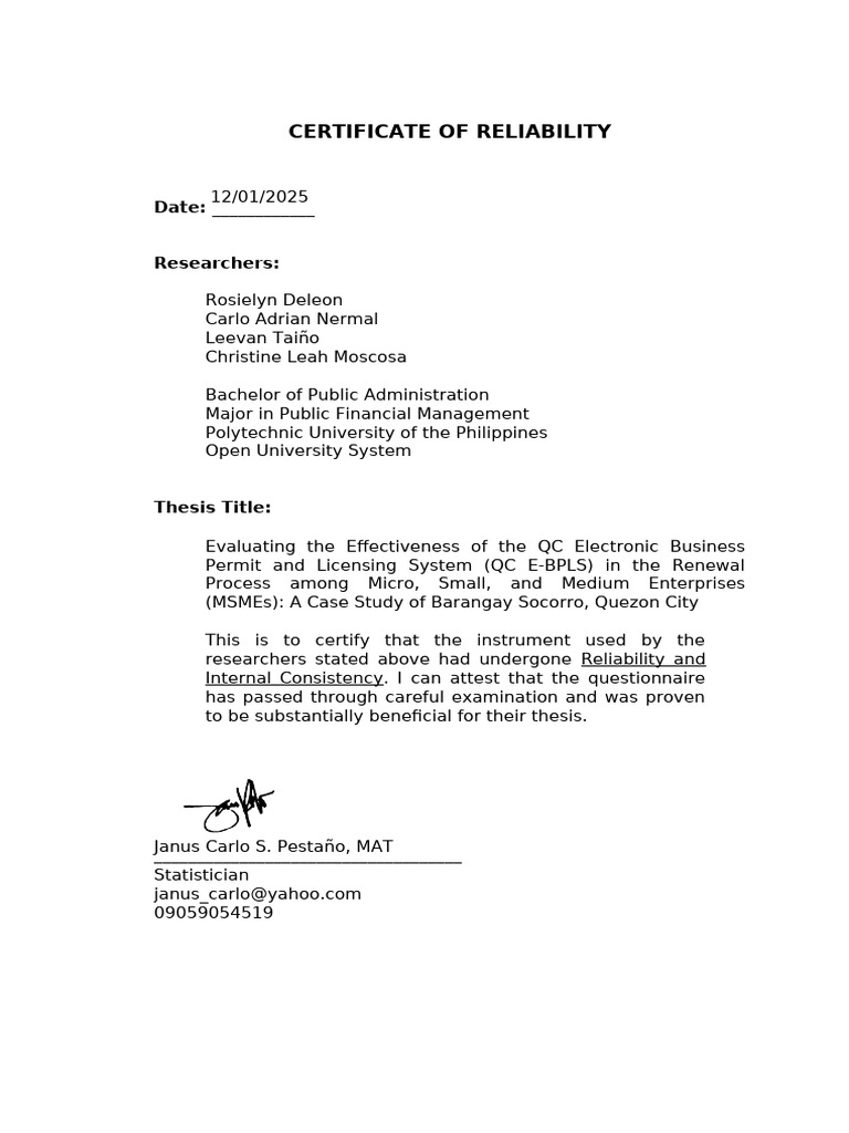 Certificate of Reliability for Thesis Research | PDF