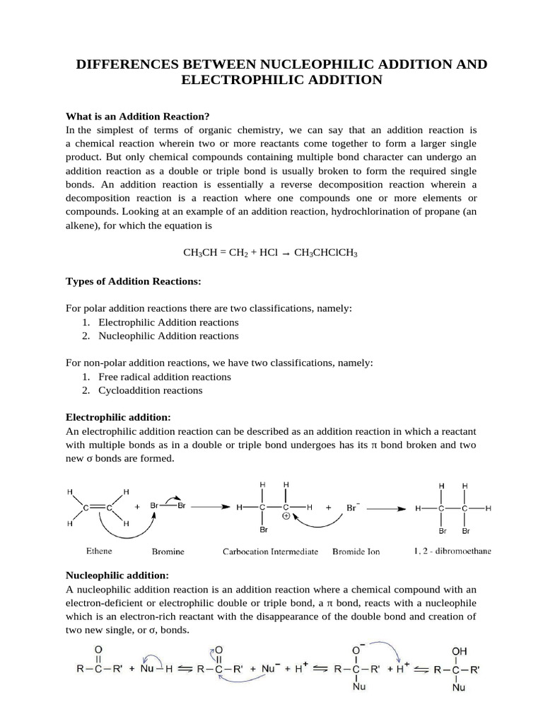 Nucleophilic vs Electrophilic Addition Explained | PDF | Chemical ...