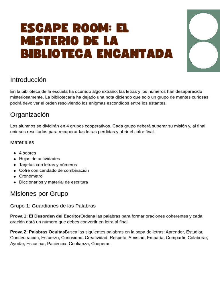 Escape Room El Misterio de La Biblioteca Encantada | PDF