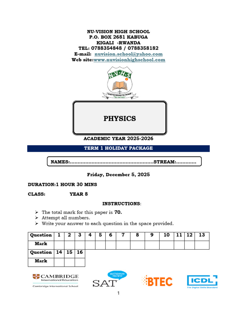 Y8 Term 1 Physics Holiday Package (1) | PDF | Speed | Applied And ...