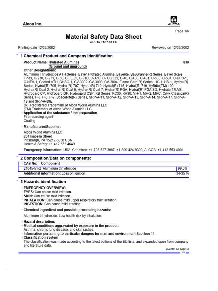 Alcoa sds | PDF | Personal Protective Equipment | Occupational Hygiene