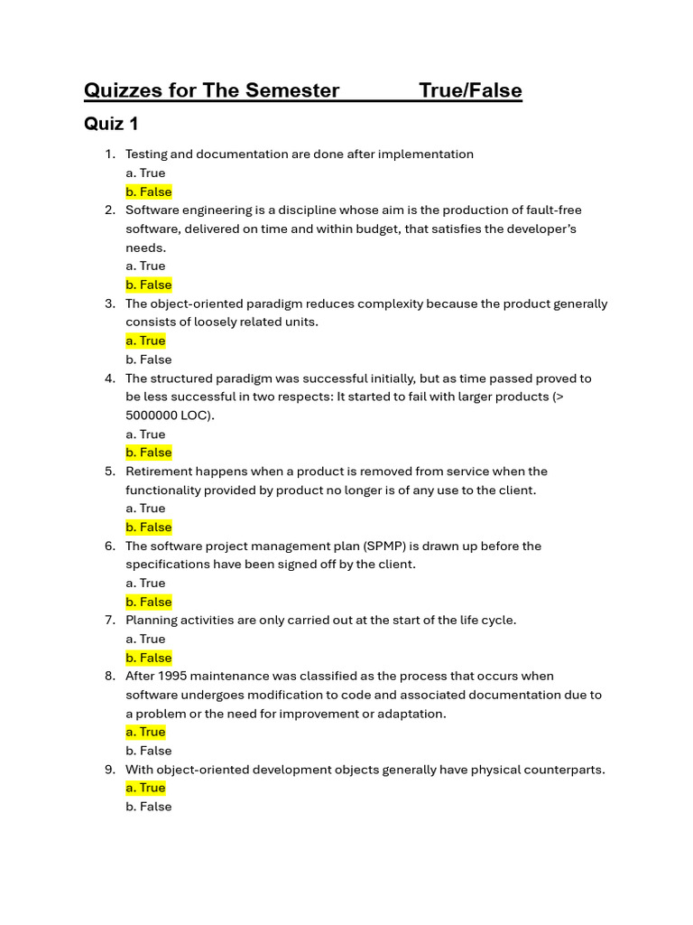 Quizzes For The Semester True or False | PDF | Software Engineering ...